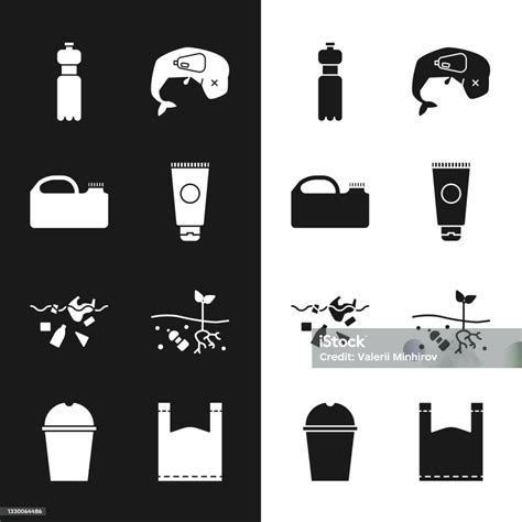 세트 크림 화장품 튜브 기계 기름에 대한 캐니스터 물 병 환경 보호 고래 죽은 문제 오염 행성 비닐 봉지및 종이 유리 아이콘 벡터 개념에 대한 스톡 벡터 아트 및 기타