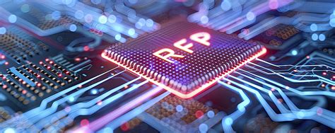 네온 불빛과 회로 기판 패턴 파란색 조명 효과가 있는 디지털 배경에 텍스트 Rfp 빛나는 홀로그램 문자가 주변에 동적 그림자를 생성합니다 텍스트 Rfp 빛나는 배경