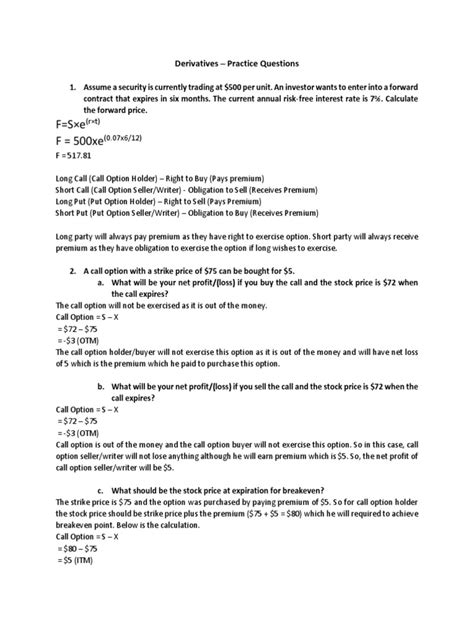 derivatives practice questions calculating forward prices option
