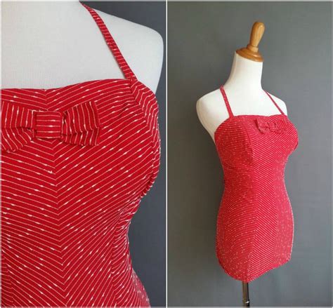 1950s Pinup Bathing Suit Lastex Chevron Mitered Stripe Swimsuit