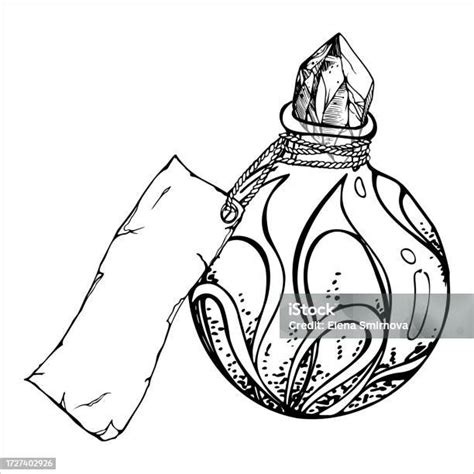 물약 종이 태그를 위한 손으로 그린 잉크 벡터 바이알 병 스케치 일러스트레이션 예술 요술 의학 화학 연금술 격리된 개체 개요 디자인 상점 로고 인쇄물 웹 사이트 카드 소책자