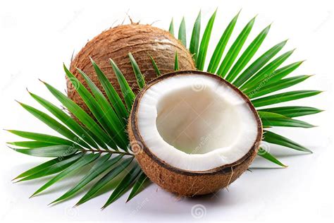 Fresh Coconut With Palm Tree Leaf Isolated On White Background Stock