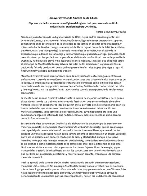 Articulo De Prueba Standford Ovshinsky Y Los Materiales Amorfos Pdf