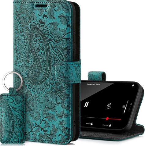 Surazo Etui Na Telefon Ze Skóry Naturalnej Rfid Wallet Case Ornament Turkusowy Etui na
