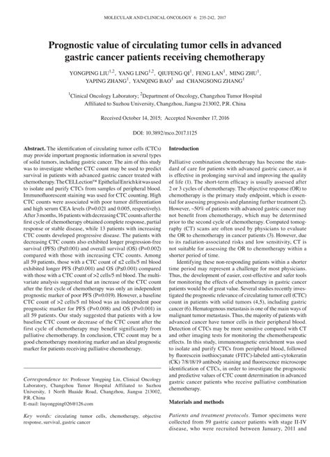 Pdf Prognostic Value Of Circulating Tumor Cells In Advanced Gastric