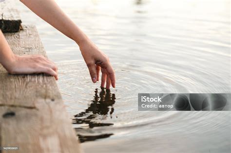여름 저녁에 오래된 목조 다리에서 강가의 물 표면에 닿는 여성의 손은 닫고 선택적으로 초점을 맞 춥니 다 강에 대한 스톡 사진