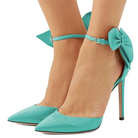 Cyan Pointy Toe Bow Ankle Strap Heels Pumpsfsjshoes