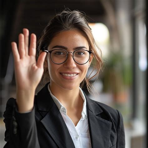 Premium Photo Portrait Of Female Saleswoman Greeting In First Person View