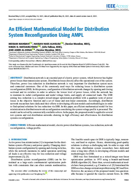 Pdf An Efficient Mathematical Model For Distribution System Reconfiguration Using Ampl