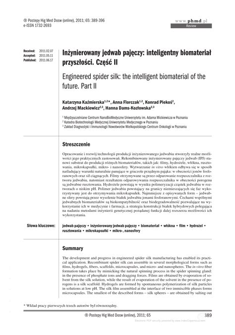 Pdf Engineered Spider Silk The Intelligent Biomaterial Of The