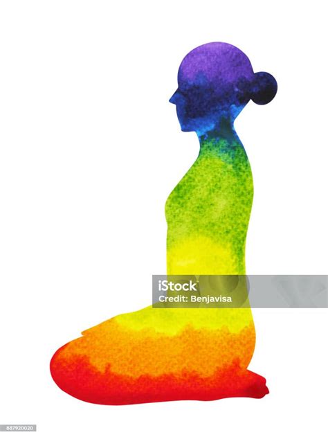 다이아몬드 포즈 요가 7 색상 차크라 수채화 그림 손으로 그린 그림 디자인 일러스트레이션에 대한 스톡 벡터 아트 및 기타 이미지