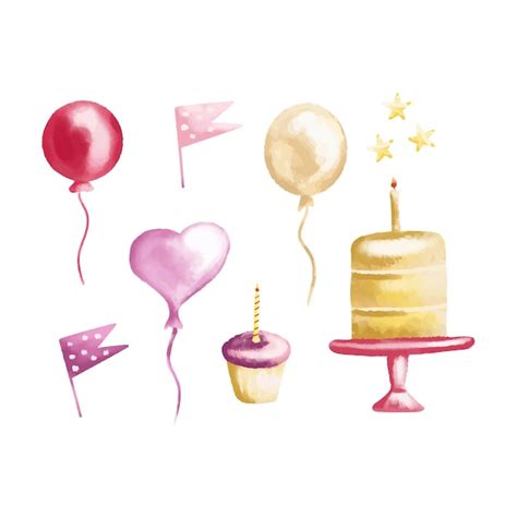 수채화 생일 인사말 카드 디자인 벡터 일러스트 레이 션의 집합 프리미엄 벡터