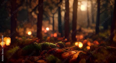 Colorful Very Beautiful Fall Forest At Night With An Epic Fall Foliage