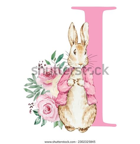 Pink Letter Watercolor Peter Rabbit Flowers Stock Illustration