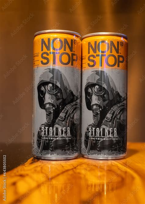 Kyiv, Ukraine - 02 September 2023: Cans Non Stop Stalker energy drink ...