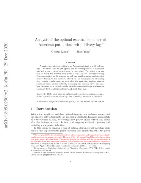 Pdf Analysis Of The Optimal Exercise Boundary Of American Put Option