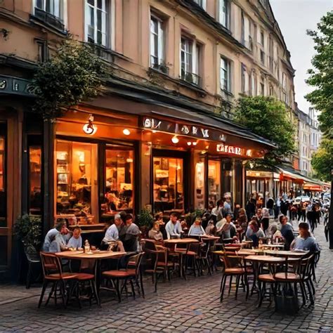 A Street Scene With People Sitting At Tables And One Of The Restaurants