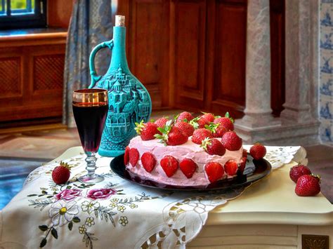 Strawberry Cake And Red Wine Jigsaw Puzzle In Puzzle Of The Day Puzzles