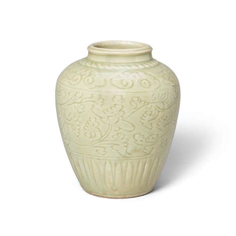 Bonhams A Longquan Celadon Glazed Carved Peony Jar Ming Dynasty