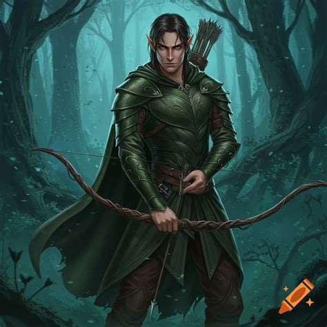 Half Elf Male Ranger In A Dangerous Forest Carrying Bow And Arrow On