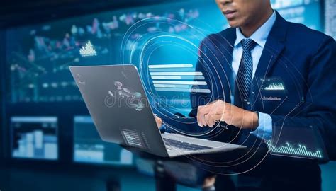 Person Uses Laptop Surrounded By Holographic Data Interface Showing Information Stock