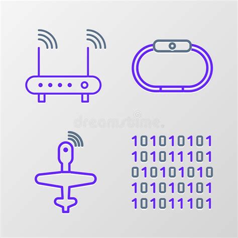 Set Line Binary Code UAV Drone Smartwatch And Router And Wi Fi Signal Icon Vector Stock