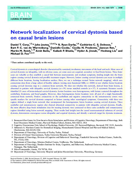 Pdf Network Localization Of Cervical Dystonia Based On Causal Brain Lesions Amit Batla