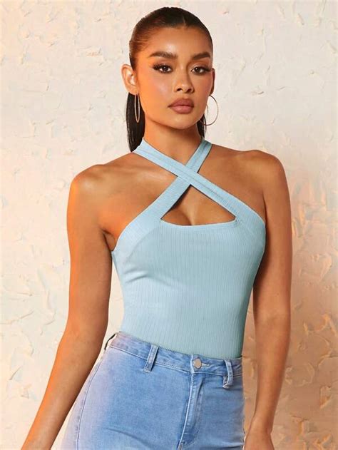 Shein Bae Camisetas Y Tops De Tirantes De Mujer Canalé Cruzado Liso