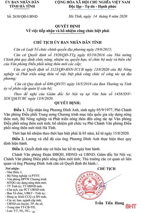 Điều động cán bộ Trung ương về làm Phó Chánh Văn phòng Điều phối NTM Hà