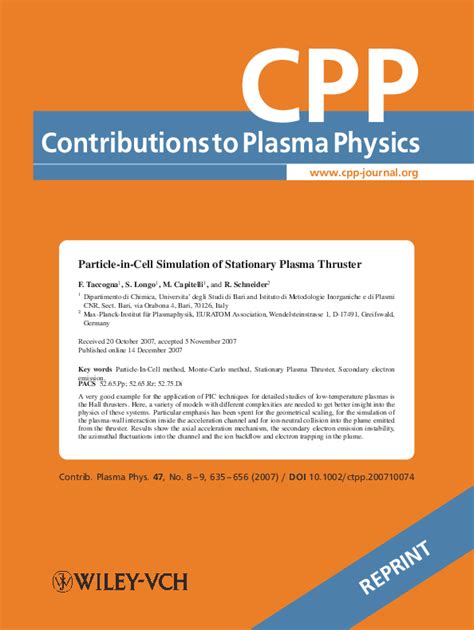 Pdf Particle In Cell Simulation Of Stationary Plasma Thruster