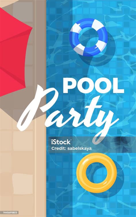 수영장 파티 평면 벡터 삽화에 대한 포스터 또는 초대 카드 템플릿입니다 공기 주입에 대한 스톡 벡터 아트 및 기타 이미지