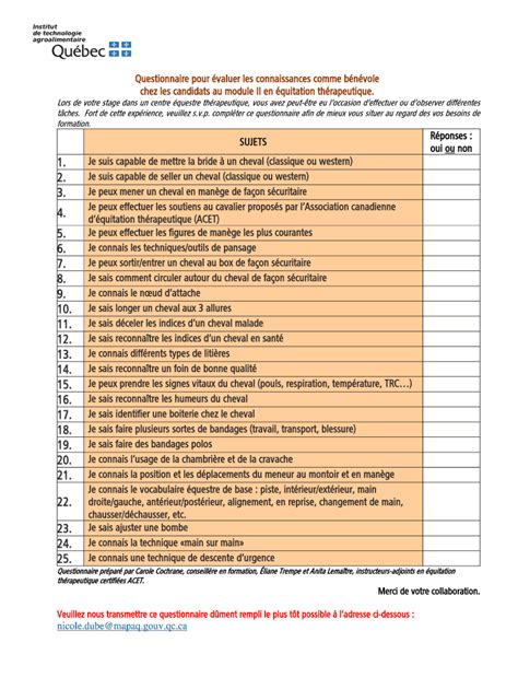Fillable Online Questionnaire Pour Valuer Les Connaissances Comme B N