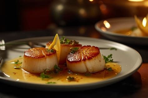Premium Ai Image Closeup Of Pan Seared Diver Scallops With Lemon