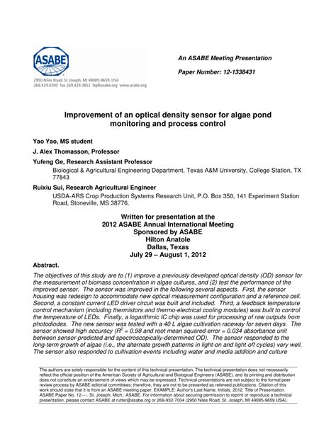 Pdf Improvement Of An Optical Density Sensor For Algae Pond
