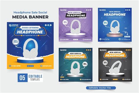 Headphone Brand Advertisement Template Set Vector With Blue And Yellow