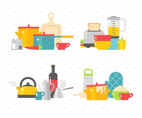 Kitchen Dishes Vector Flat Icons Pre Designed Illustrator Graphics