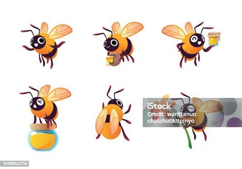 귀여운 꿀벌 캐릭터 벡터 일러스트레이션 꿀 항아리와 유기농 꿀병이 있는 고립된 마스코트 곤충에 대한 스톡 벡터 아트 및 기타 이미지 곤충 귀여운 꽃 식물 Istock