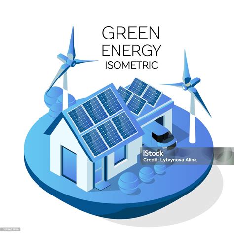 녹색 에너지와 환경 친화적인 현대 가정 자동차 태양 전지 판과 풍력 터빈 전기를 생성 아이소메트릭 3d 등측투영법에 대한 스톡 벡터 아트 및 기타 이미지 Istock