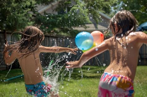 Siblings Enjoying A Water Balloon Fight In Backyard Siblings Having A