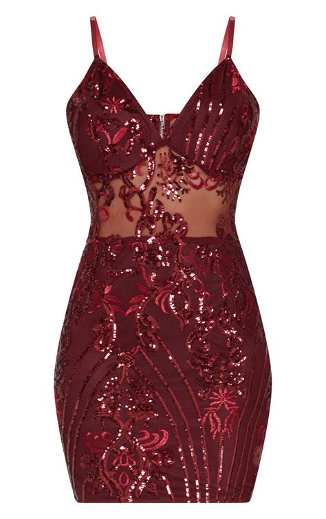 Burgundy Strappy Sheer Panel Sequin Bodycon Dress Prettylittlething Usa Bodycon Cocktail Dress