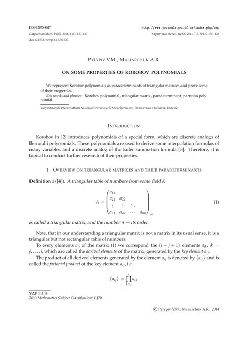 PDF On Some Properties Of Korobov Polynomials