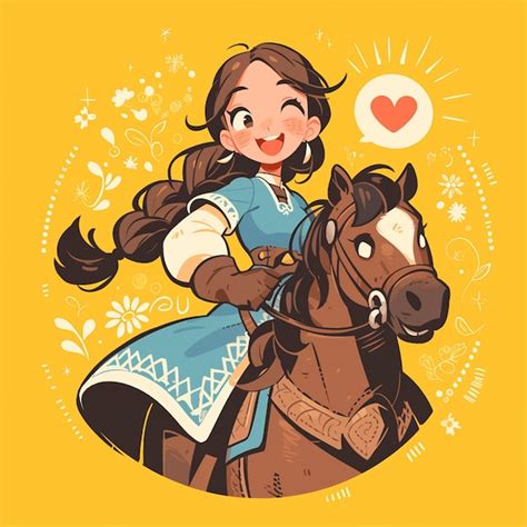 Uma Menina De Columbus Cavalga Um Cavalo No Estilo De Desenho Animado