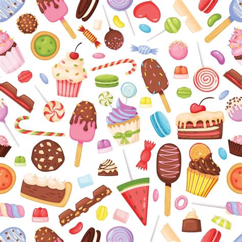 Cartoon Sweets And Candies Delicious Desserts Seamless Pattern