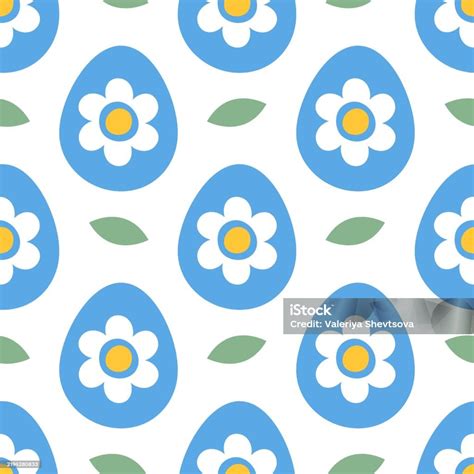 흰색 배경에 푸른 부활절 달걀과 데이지와 완벽 한 패턴 순진한 미니멀리스트 스타일의 부활절 카드 직물 아기 옷 배경 화면에 대한 귀여운 손으로 그린 배경 깔끔한 디자인 0