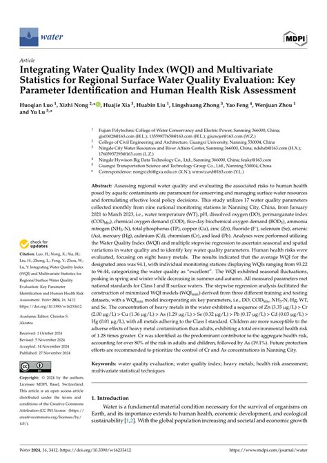 Pdf Integrating Water Quality Index Wqi And Multivariate Statistics