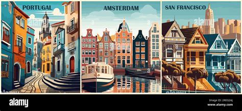 Set Of Travel Destination Posters In Retro Style Stock Vector Image