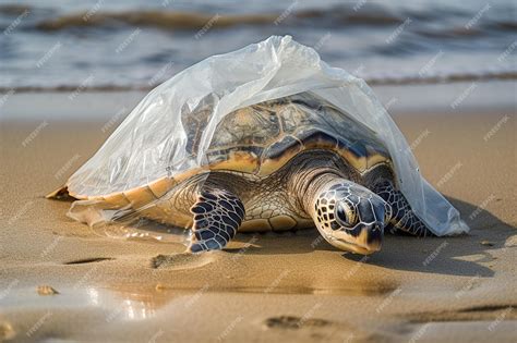 Une Tortue Piégée Dans Un Sac En Plastique Allongé Sur La Plage Le