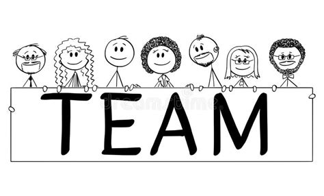 Smiling Diverse Team Holding Team Sign Vector Cartoon Stick Figure
