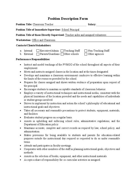 Position Description Form Teacher Pdf Teachers Schools