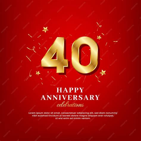 40년의 황금 숫자 기념일 축하 텍스트와 황금색 색종이 조각이 빨간색 배경에 퍼져 있는 기념일 축하 텍스트 프리미엄 벡터